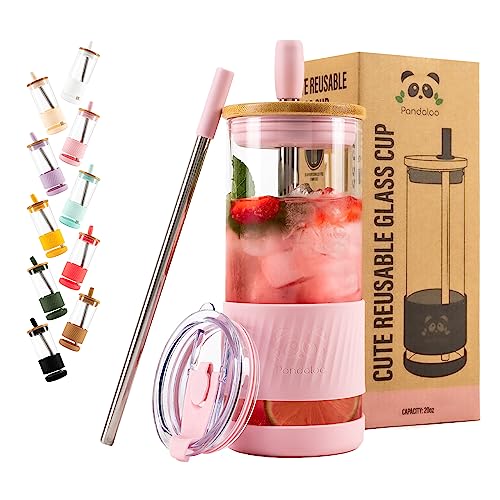 Pandaloo Glass Cups With Lids and Straws -20 Fl Oz- Perfect Size Iced Coffee Cup - Smoothie Cup With Bamboo Lid and On the go Lid - Glass Tumbler With Straw (1 Count (Pack of 1), Tender Pink)