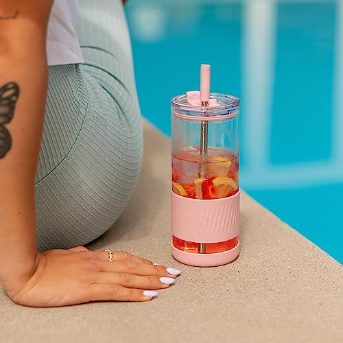 Pandaloo Glass Cups With Lids and Straws -20 Fl Oz- Perfect Size Iced Coffee Cup - Smoothie Cup With Bamboo Lid and On the go Lid - Glass Tumbler With Straw (1 Count (Pack of 1), Tender Pink)