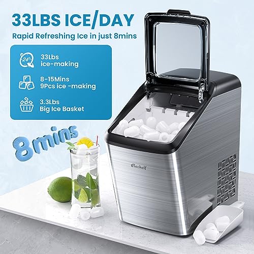 Countertop Ice Makers Countertop Ice Machine Elechelf,33Lbs/24Hr's,Bullet Icer Maker Machine,9 Pcs Cube Ready in 8-15mins with Scoop and Basket,Perfect for Home/Kitchen/Party/Office（Sliver）