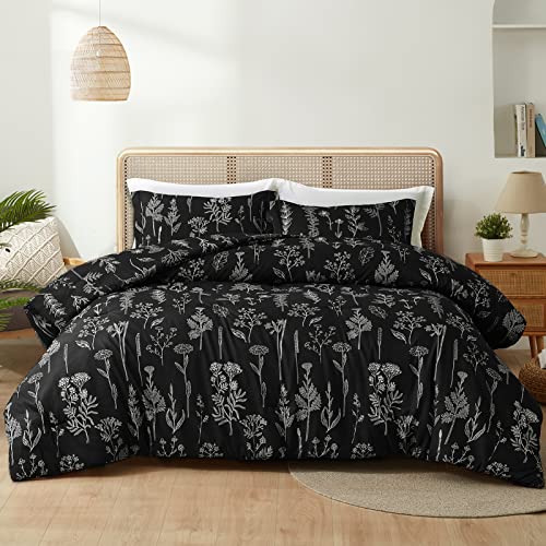 Maple&Stone Queen Floral Comforter Set, Black Bedding Set 3pcs Soft and Durable Microfiber with Elegant Plant Flowers Print Bedding Comforter Sets - Includes 2 Pillowcases