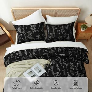 Maple&Stone Queen Floral Comforter Set, Black Bedding Set 3pcs Soft and Durable Microfiber with Elegant Plant Flowers Print Bedding Comforter Sets - Includes 2 Pillowcases