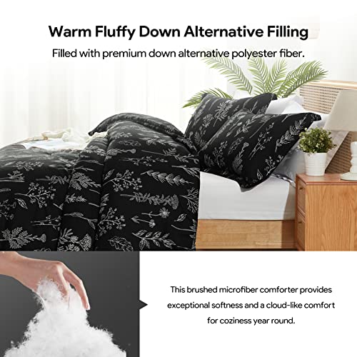 Maple&Stone Queen Floral Comforter Set, Black Bedding Set 3pcs Soft and Durable Microfiber with Elegant Plant Flowers Print Bedding Comforter Sets - Includes 2 Pillowcases