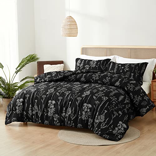 Maple&Stone Queen Floral Comforter Set, Black Bedding Set 3pcs Soft and Durable Microfiber with Elegant Plant Flowers Print Bedding Comforter Sets - Includes 2 Pillowcases