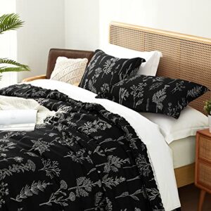 Maple&Stone Queen Floral Comforter Set, Black Bedding Set 3pcs Soft and Durable Microfiber with Elegant Plant Flowers Print Bedding Comforter Sets - Includes 2 Pillowcases