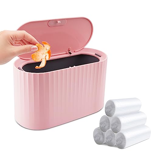 Uprony Mini Trash Can Pink with Lid 0.5 Gallon / 2L with 180 pcs Trash Bag, Tiny Trash Can Mini Bin Waste Basket, Countertop, Bedroom, Office, Vanity, Kitchen Garbage Can