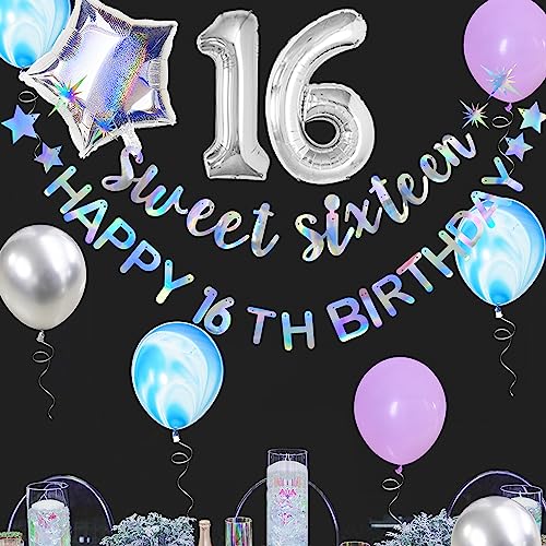 Iridescent Sweet Sixteen Happy 16th Birthday Banner Garland Foil Balloon 16 for Sweet 16 Decorations 16th Birthday Dercorations for Girls Cheers to 16 Years 16 and Fabulous Party Backdrop Supplies