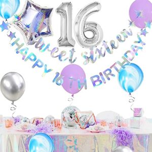 Iridescent Sweet Sixteen Happy 16th Birthday Banner Garland Foil Balloon 16 for Sweet 16 Decorations 16th Birthday Dercorations for Girls Cheers to 16 Years 16 and Fabulous Party Backdrop Supplies