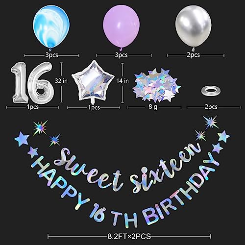 Iridescent Sweet Sixteen Happy 16th Birthday Banner Garland Foil Balloon 16 for Sweet 16 Decorations 16th Birthday Dercorations for Girls Cheers to 16 Years 16 and Fabulous Party Backdrop Supplies