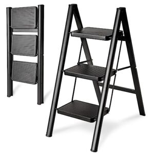 double elite step ladder 3 step folding, sturdy 330 lbs small step stool for adults, safer full steel multi-use kitchen ladder for home, closet step stool ladder with anti-slip wide pedals, black