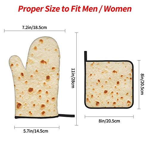 LAKIMCT Tortilla Bread Print Oven Mitts and Pot Holders Sets Non-Slip Potholders Heat Resistant Oven Gloves for Kitchen Baking Cooking BBQ, 4-Piece Set