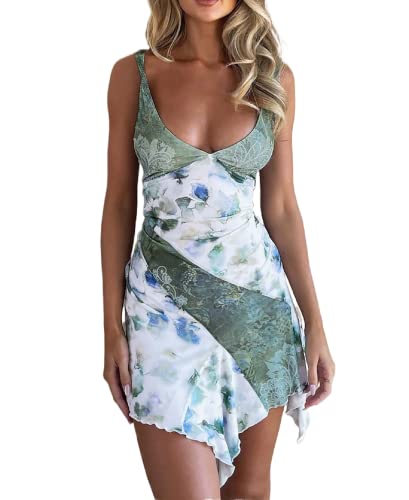 ROAONOCOMO Women Y2K Floral Print Short Dresses Spaghetti Strap A-Line Dresses Retro Backless Sundress Sexy Party Dresses