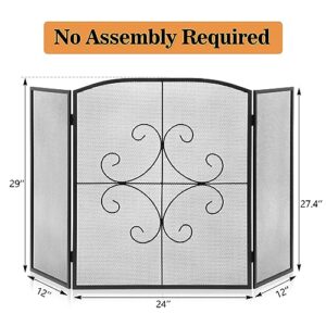 Gtongoko 3 Panel Fireplace Screen 48" W x 29" H Wrought Iron Decorative Fire Spark Guard Grate for Living Room Home Decor - Black