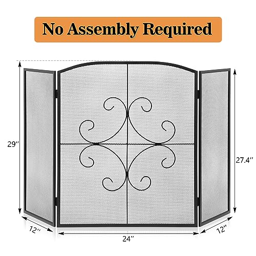 Gtongoko 3 Panel Fireplace Screen 48" W x 29" H Wrought Iron Decorative Fire Spark Guard Grate for Living Room Home Decor - Black