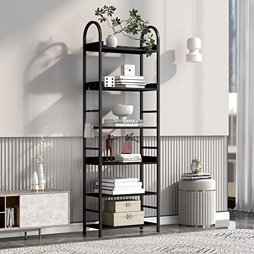 WILLIAMSPACE Ladder Shelf Bookshelf, 6-Tier Bookcase Industrial Ladder Shelves with Round Top Frame and Adjustable Foot Pads, 24.8"*70.8", Black