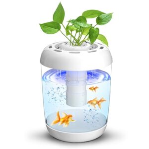 betta fish tank 360° small aquarium starter kits with 7 colors led lighting and power filter, self-cleaning and grows planter, desktop mini amphibious aquarium for shrimp betta small fish, 1.2 gallon