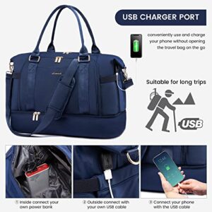 Gym Bag for Women LOVEVOOK Travel Duffel Bag, Navy Blue with USB Charging Port,Weekender Bags for Women with Shoe Compartment,Carry on Overnight Bag with Toiletry Bag,Hospital Bags for Labor and Deliver