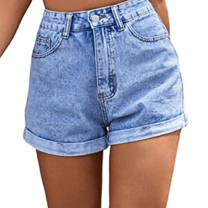 SweatyRocks Women's High Rise Hem Straight Leg Roll Up Denim Jean Shorts with Pocket Light Wash Medium