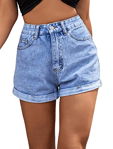 SweatyRocks Women's High Rise Hem Straight Leg Roll Up Denim Jean Shorts with Pocket Light Wash Medium