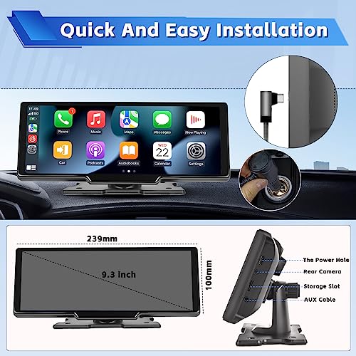 Portable Wireless Apple Carplay Android Auto - 10.26" Car Play Screen for Car, with 1080p Backup Camera, Dash Mount, Support Bluetooth, GPS Navigation, FM Transmitter