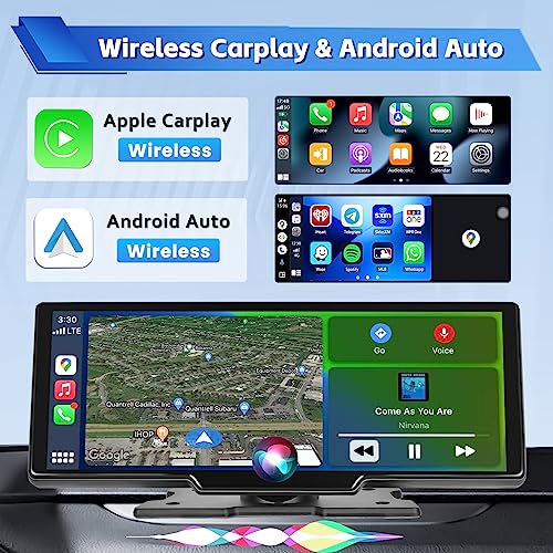 Portable Wireless Apple Carplay Android Auto - 10.26" Car Play Screen for Car, with 1080p Backup Camera, Dash Mount, Support Bluetooth, GPS Navigation, FM Transmitter