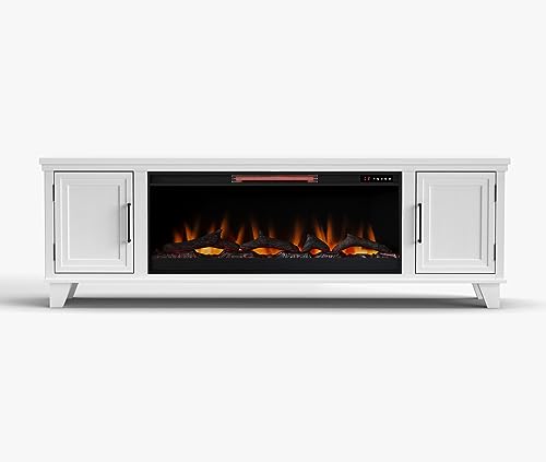 Realcozy 78 inch White TV Stand with Electric Fireplace - Modern Electric Fire Place & TV Console - Traditional Sonoma Design, Fits TVs up to 85''. 7 Flame Colors with Remote