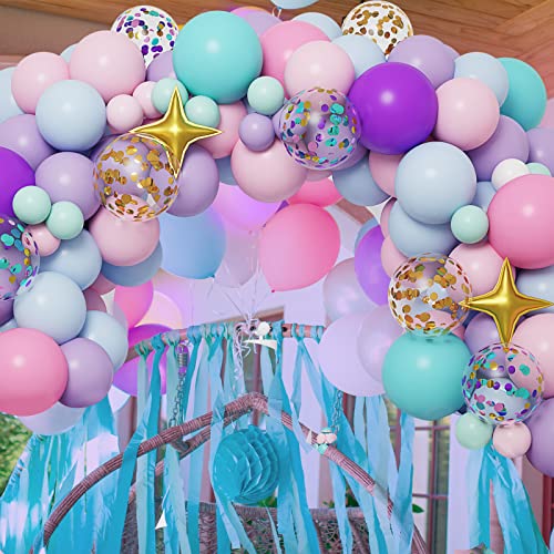 RUBFAC Mermaid Balloons Garland Kit, Mermaid Balloons Pastel Pink Purple Blue Gold Confetti Party Balloons for Birthday Party Bridal Baby Shower Decorations