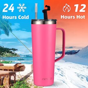 mininoo 24 oz Insulated Tumbler with Handle, Double Wall Vacuum Insulated Coffee Mug with Lid and Straw, Leakproof (Hot pink)