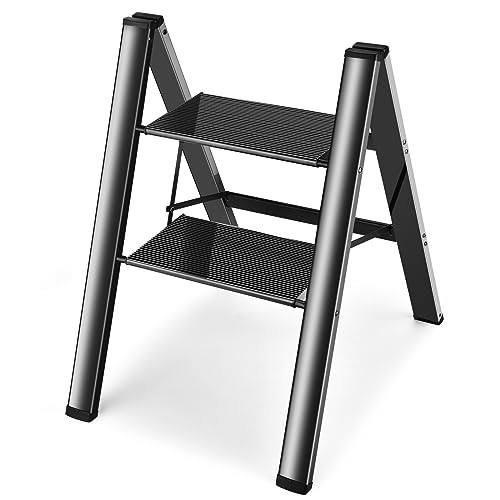 HBTower 2 Step Ladder, Aluminum Ladder, Folding Step Stool for Adults, 330LBS Capacity Sturdy& Portable Ladder for Home Kitchen Library Office, Black