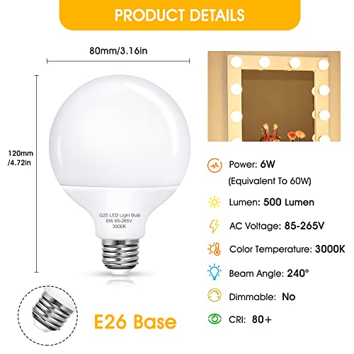 Globe LED Light Bulbs 60W Equivalent, G25 LED Vanity Bulb for Bathroom Mirror Light Bulbs, E26 LED Edison Base Round Light Bulb, Soft White 3000K, 500LM Not-Dimmable Decoration Lighting, 4 Pack