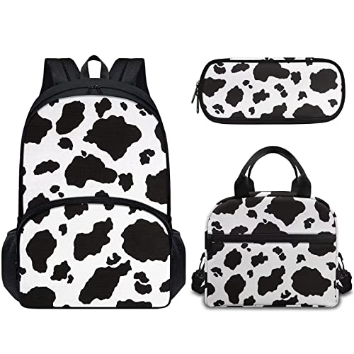 JOAIFO Kids School Backpack with Lunch Box and Pencil Case Set of 3,Classic Black-White Cow Print Bookbag for Girls Boys Cute Backpack for School Aesthetic