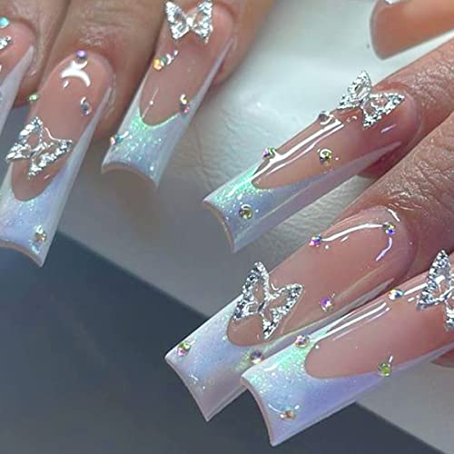 24pcs Long Square Fake Nails French Tip Press on Nails 3D Metal Butterfly Glue on Nails Glossy Rhinestone Acrylic Nails Pink White False Nails Long for Women Manicure Decorations