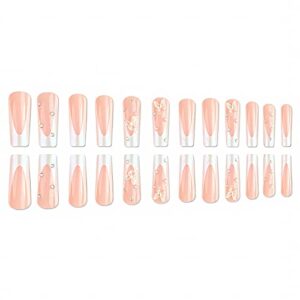 24pcs Long Square Fake Nails French Tip Press on Nails 3D Metal Butterfly Glue on Nails Glossy Rhinestone Acrylic Nails Pink White False Nails Long for Women Manicure Decorations