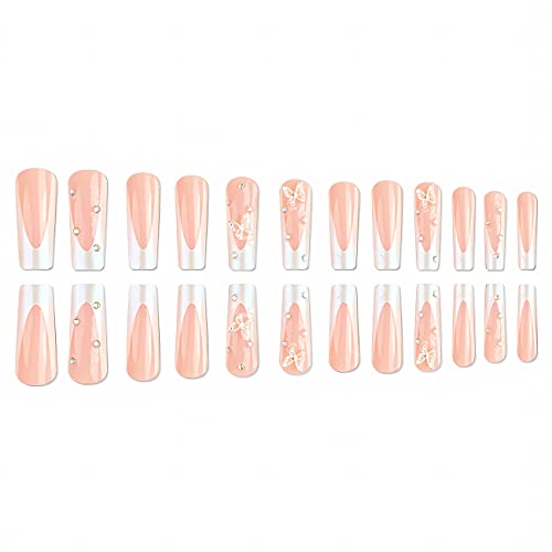 24pcs Long Square Fake Nails French Tip Press on Nails 3D Metal Butterfly Glue on Nails Glossy Rhinestone Acrylic Nails Pink White False Nails Long for Women Manicure Decorations