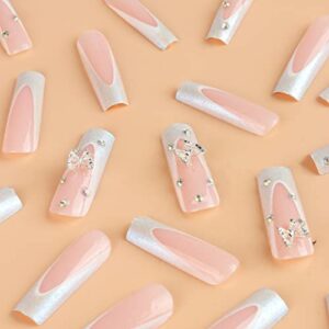 24pcs Long Square Fake Nails French Tip Press on Nails 3D Metal Butterfly Glue on Nails Glossy Rhinestone Acrylic Nails Pink White False Nails Long for Women Manicure Decorations