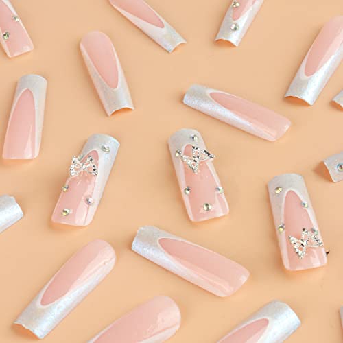 24pcs Long Square Fake Nails French Tip Press on Nails 3D Metal Butterfly Glue on Nails Glossy Rhinestone Acrylic Nails Pink White False Nails Long for Women Manicure Decorations