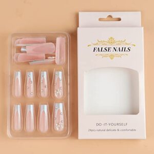 24pcs Long Square Fake Nails French Tip Press on Nails 3D Metal Butterfly Glue on Nails Glossy Rhinestone Acrylic Nails Pink White False Nails Long for Women Manicure Decorations