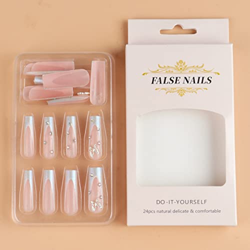 24pcs Long Square Fake Nails French Tip Press on Nails 3D Metal Butterfly Glue on Nails Glossy Rhinestone Acrylic Nails Pink White False Nails Long for Women Manicure Decorations