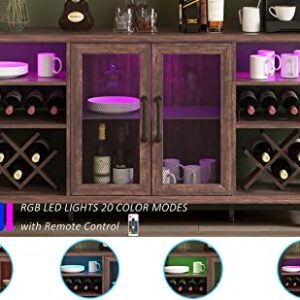 Vabches Wine Bar Cabinet for Liquor & Glasses, Farmhouse Coffee with LED Strip, Home Living Room Dining Room, Sideboard Buffet Storage, 58 in(L), Dark Brown (D8L235BR02)