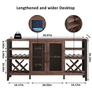 Vabches Wine Bar Cabinet for Liquor & Glasses, Farmhouse Coffee with LED Strip, Home Living Room Dining Room, Sideboard Buffet Storage, 58 in(L), Dark Brown (D8L235BR02)