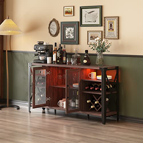 Vabches Wine Bar Cabinet for Liquor & Glasses, Farmhouse Coffee with LED Strip, Home Living Room Dining Room, Sideboard Buffet Storage, 58 in(L), Dark Brown (D8L235BR02)