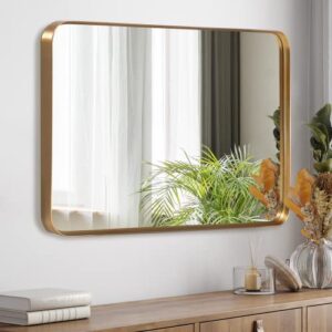 nicbex 28x24 inch bathroom vanity mirror, modern deep frame round corners mirror, alloy frame wall mirror for bathroom vanity, bedroom, hallway and home deco, gold