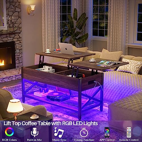 Aheaplus Coffee Table, Lift Top Coffee Table with LED light and Power Outlet, Modern Lift-Top Table with Storage Shelf, Center Table for Living Room with Lift Tabletop, X Support Metal Frame, Espresso