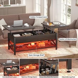 Aheaplus Coffee Table, Lift Top Coffee Table with LED light and Power Outlet, Modern Lift-Top Table with Storage Shelf, Center Table for Living Room with Lift Tabletop, X Support Metal Frame, Espresso