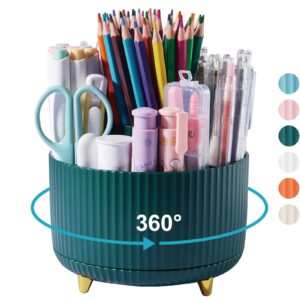 lolocor 360 degree rotatable pen holder, 5 slots office desk organizer pen holder for desk multi-functional pencil cups desktop stationary organizer storage for office school home dark green