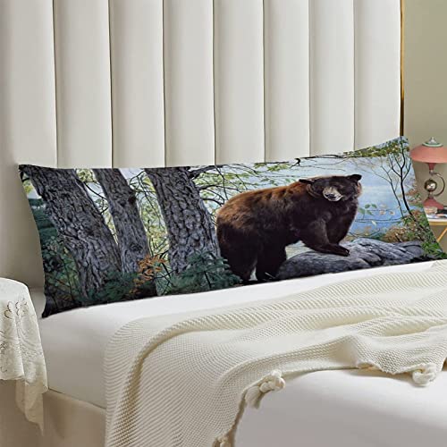 AIRMARK Body Pillow Cover,Wild Animal Brown Bear on Stone in Wooden Printed Long Pillow Cases Protector with Zipper Decor Soft Large Covers Cushion for Beding,Couch,Sofa,Home Gift 20"x54"