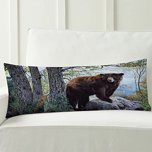 AIRMARK Body Pillow Cover,Wild Animal Brown Bear on Stone in Wooden Printed Long Pillow Cases Protector with Zipper Decor Soft Large Covers Cushion for Beding,Couch,Sofa,Home Gift 20"x54"