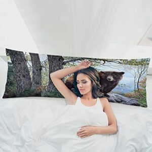 AIRMARK Body Pillow Cover,Wild Animal Brown Bear on Stone in Wooden Printed Long Pillow Cases Protector with Zipper Decor Soft Large Covers Cushion for Beding,Couch,Sofa,Home Gift 20"x54"