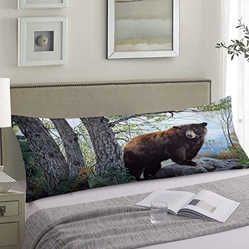 AIRMARK Body Pillow Cover,Wild Animal Brown Bear on Stone in Wooden Printed Long Pillow Cases Protector with Zipper Decor Soft Large Covers Cushion for Beding,Couch,Sofa,Home Gift 20"x54"