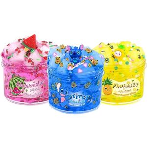 keemanman slime kit - 3 pack jelly cube clear crunchy slime with stitch, watermelon and pineapple charms, preppy and aesthetic stuff, cute stress toys and cool birthday gifts ideas for girls and boys