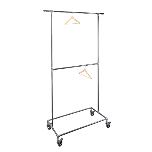 PIPE DECOR 39” x 20 ¼” x 82” Rolling Steel Pipe Double Rod Clothing Rack, Commercial or Residential Industrial Clothes Display, Heavy Duty Black Steel Metal Wheeled Garment Frame